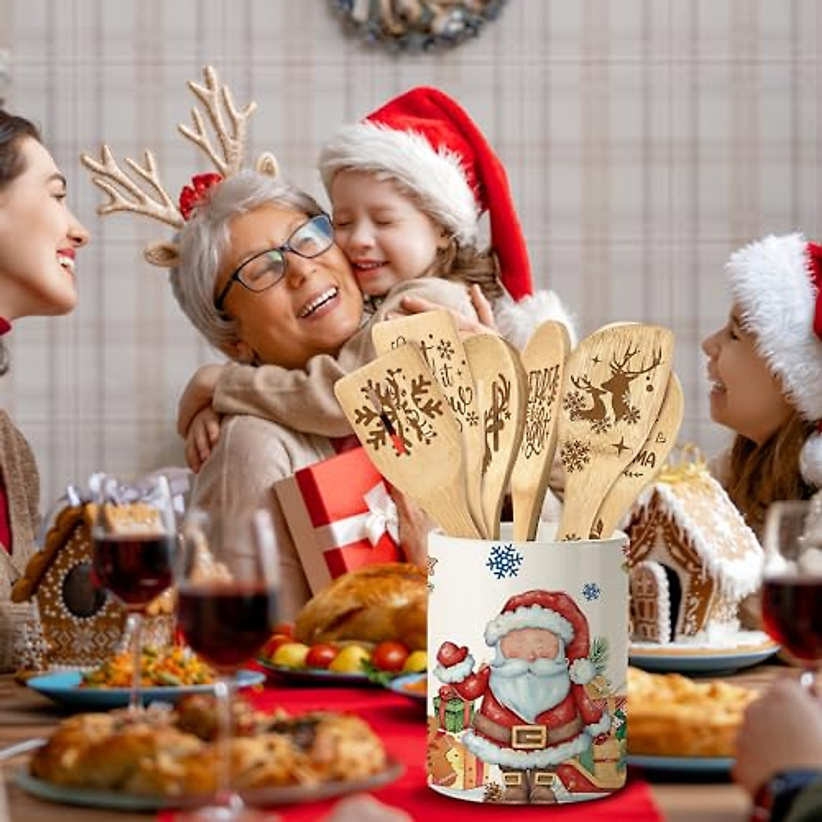 Christmas Utensil Holder Ceramic with 6 PCS Cooking Utensil, Christmas Women Gifts Santa Claus Cooking Utensil Crock Holder for Kitchen Counter Decorations Countertop Spatula Utensil Storage Organizer
