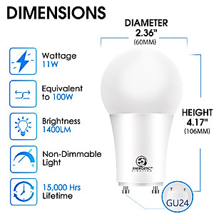 Energetic LED GU24 Light Bulb, A19 Shape 100 Watt Equivalent (11W), 5000K Daylight, 1400 Lumens High Output, Non-Dimmable, 2 Pin LED Light Bulb, ETL Listed, 4 Packs