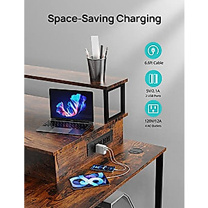 AMNOOL L Shaped Office Desk Home Office Computer Desk with Power Socket and LED Light Strip Gaming Desk with File Drawer Corner Desk with Monitor Stand and Printer Storage Rack