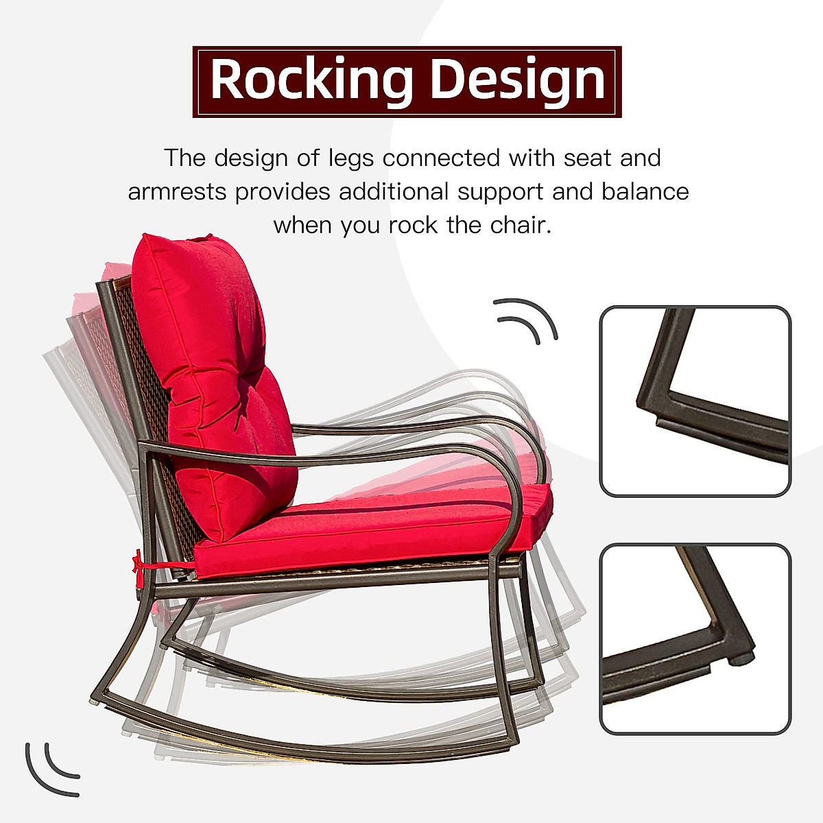 Domi 3 Piece Rocking Chair Patio Bistro Set Balcony Chairs Iron Conversation Sets Outdoor Furniture with Glass Coffee Table for Porch Poolside Lawn (Red, Curved Armrest)