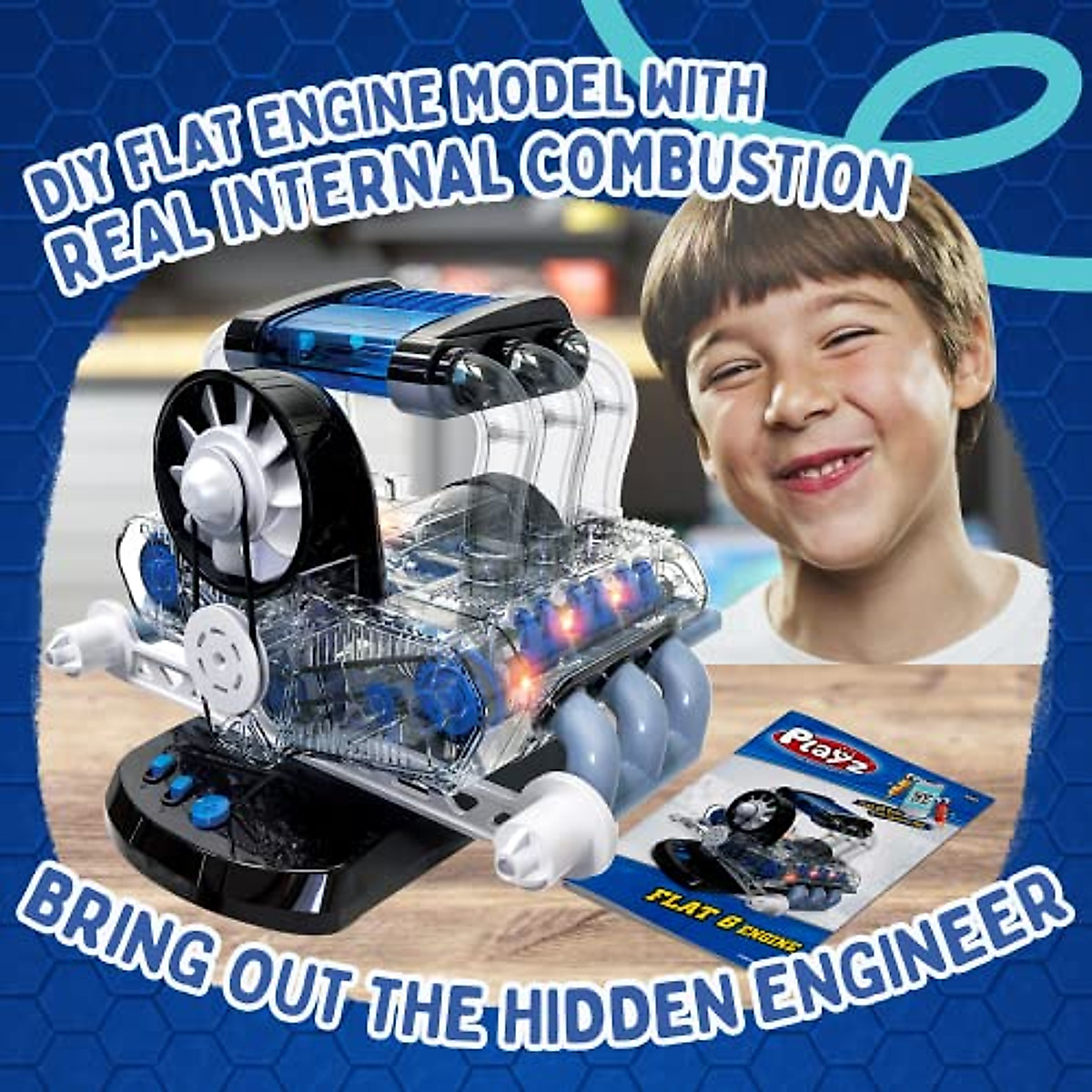 Playz Flat 6 Model Engine Building Kit - 320+ Pieces Revved-Up Internal V8 Style Combustion to Build Your Own Mini Engine That Works - DIY STEM Project & Gift for Kids, Teens, & Hobby Kit for Adults