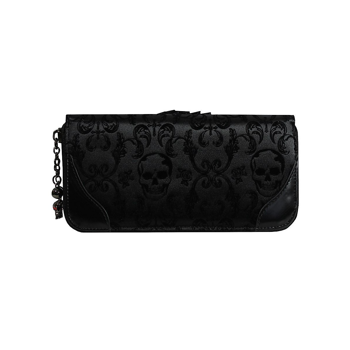 Lost Queen Black Flocked Cameo Skull Lady Rose Gothic Zip Around Wallet