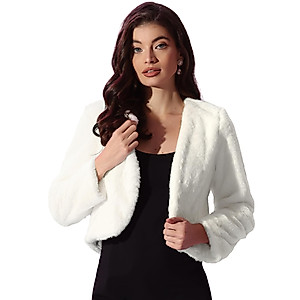 Allegra K Cropped Jacket for Women's Faux Fur with Pockets Long Sleeve Open Front Wedding Bolero Gowns Coat Large White
