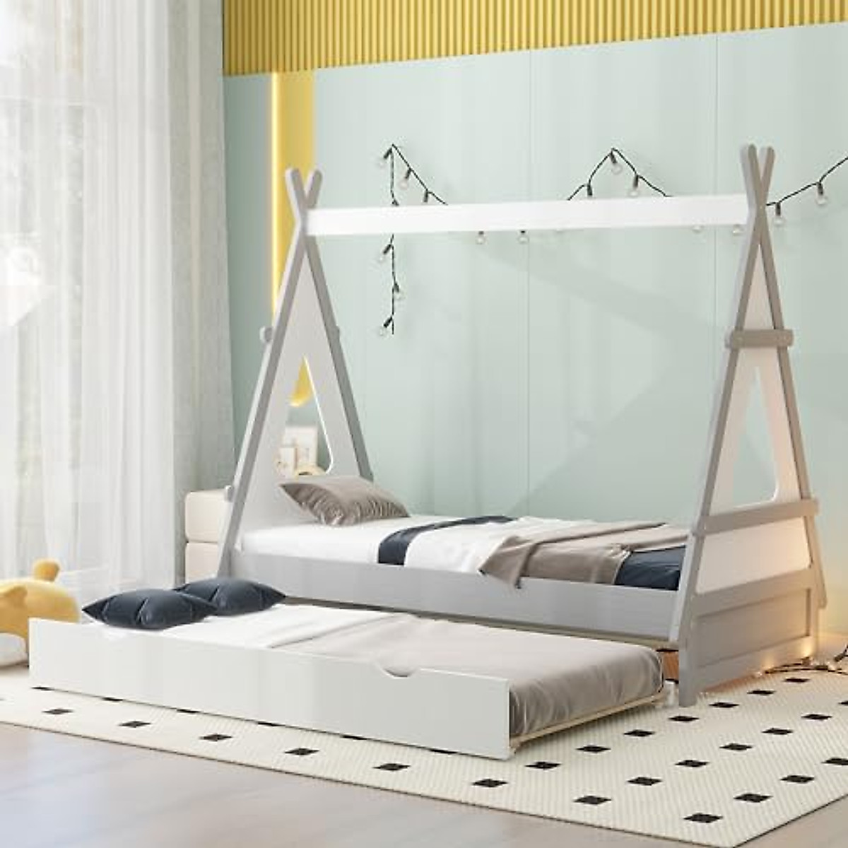 JIVOIT Wooden Tent Floor Bed with Pull-Out Twin Size Trundle, Twin Size Floor Bed House Bed with X-Shaped Safety Railings, Montessori Bed Playhouse House Platform Bed for Kids Boys Girls