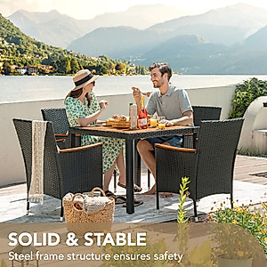 Devoko 5 PCS Furniture, Patio Conversation Set with Acacia Wood Top, Rattan Outdoor Dining Table and Chairs for Backyard, Garden, Deck, Black