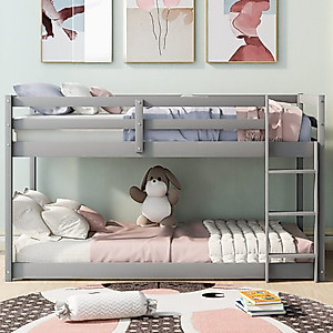 MWrouqfur Twin Over Twin Bunk Bed with Ladder & Safety Guardrails,Solid Pinewood Bedframe,Low Floor BunkBed for Boys and Girls Bedroom,Space Saving,No Box Spring Needed (Gray)