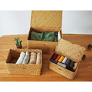 Yesland Shelf Baskets with Lid Set of 3, Handwoven Seagrass Storage Bins Box Rectangular Seagrass Basket Storage Organizer Wicker Basket for Shelf