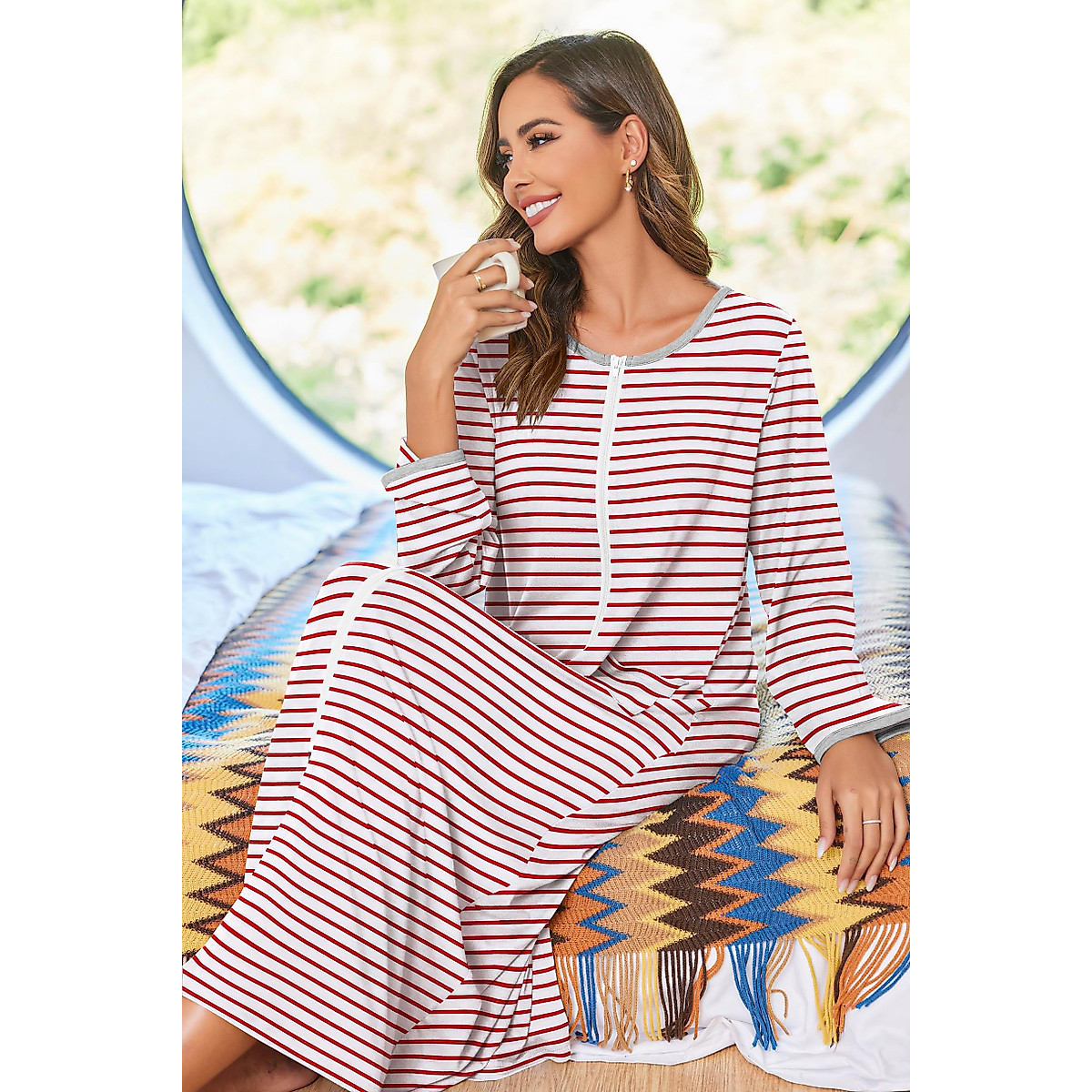 Ekouaer Women Long House Coat Zipper Front Robes Full Length Nightgowns with Pockets Striped Loungewear