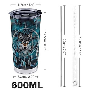 WNICELIN Wolf Moon Dreamcatcher Tumbler Insulated Travel Mug Stainless Steel Travel Tumbler Car Cup with Straw And Brush with Lid 20oz