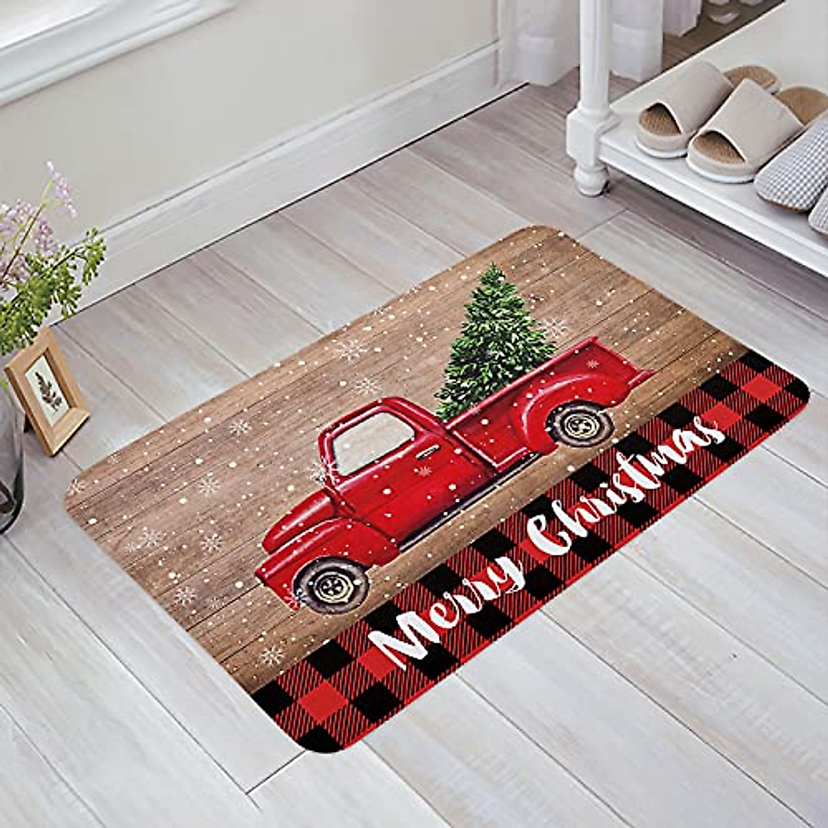 Christmas Bath Rugs Red Truck With Xmas Tree Sponge Doormat Absorbent Non Slip Durable Flannel Mat Red Black Check Plaid Retro Wood Grain Christmas Memory Foam Mats for Bathroom Kitchen 18 x 30 inches