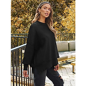 LILLUSORY Women's Oversized Batwing Sweaters 2024 Fall Outfits Crewneck Ribbed Knit Side Slit Trendy Pullover Tops Black XL