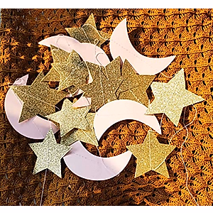 Moon and Stars Garland 2PCS Glitter Gold Twinkle Stars Pink Crescent Paper Garlands Hanging Decorations Girl Birthday Party Decorations Girl Baby Shower Decorations Pink Gold Nursery Room Decorations