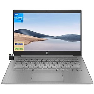 HP 2023 est Chromebook Laptop Student Business,14'' HD Display,Quad-Core Intel Celeron N4120 Processor,4GB RAM,64GB eMMC,720p Webcam,WiFi,Bluetooth,14+ Hrs Battery,Chrome OS+MarxsolCables Modern Gray