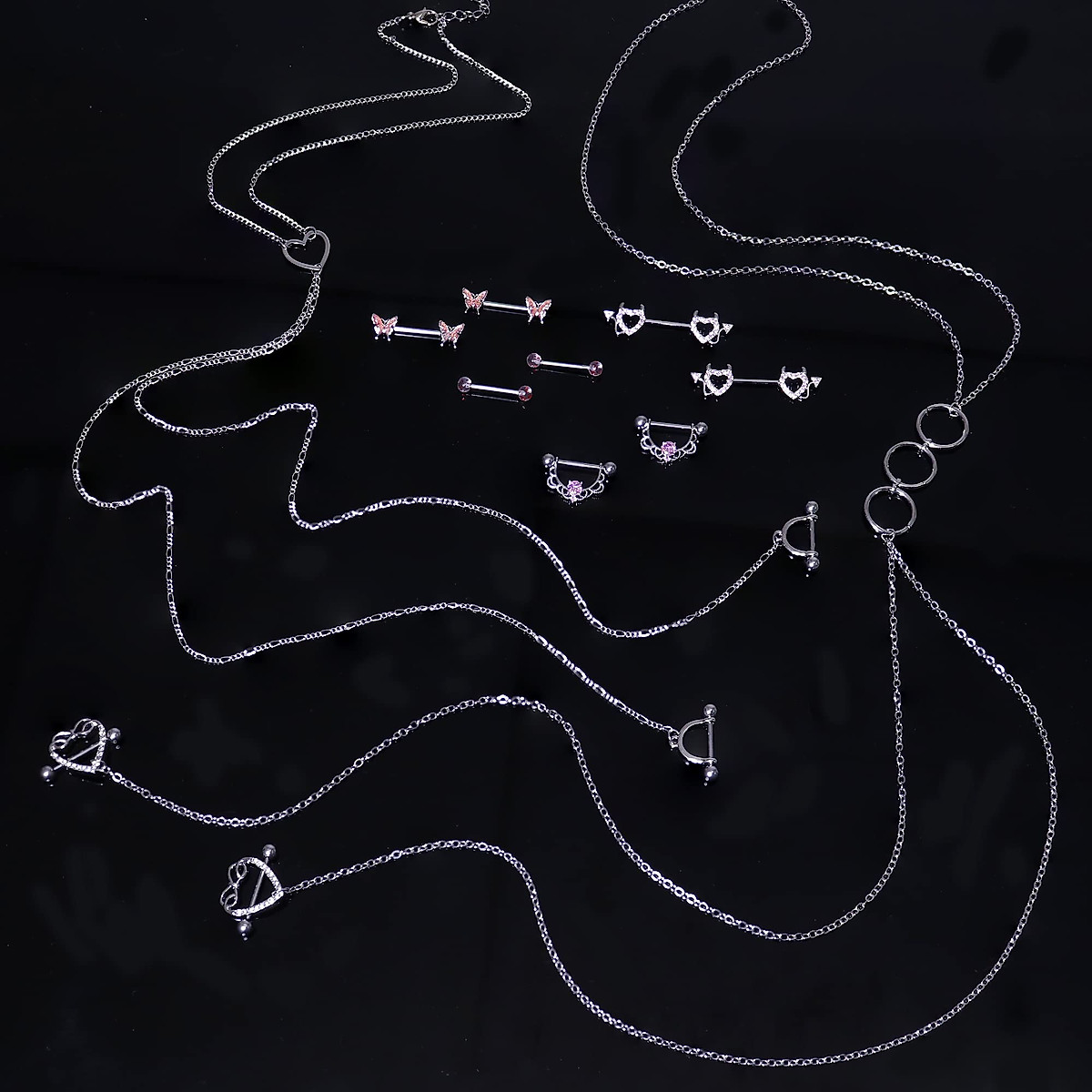 JOERICA 14G Stainless Steel Nipple Rings for Women CZ Butterfly Heart Nipple Rings with Choker Necklace Nipple Barbell Body Piercing Jewelry