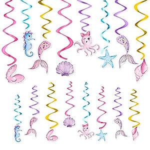 Watercolor Mermaid Hanging Swirl - 24PCS Mermaid Party Decorations for Girls Birthday Baby Shower Ceiling Streamers Spirals Foil Whirls Under the Sea Pool Theme Party Supplies