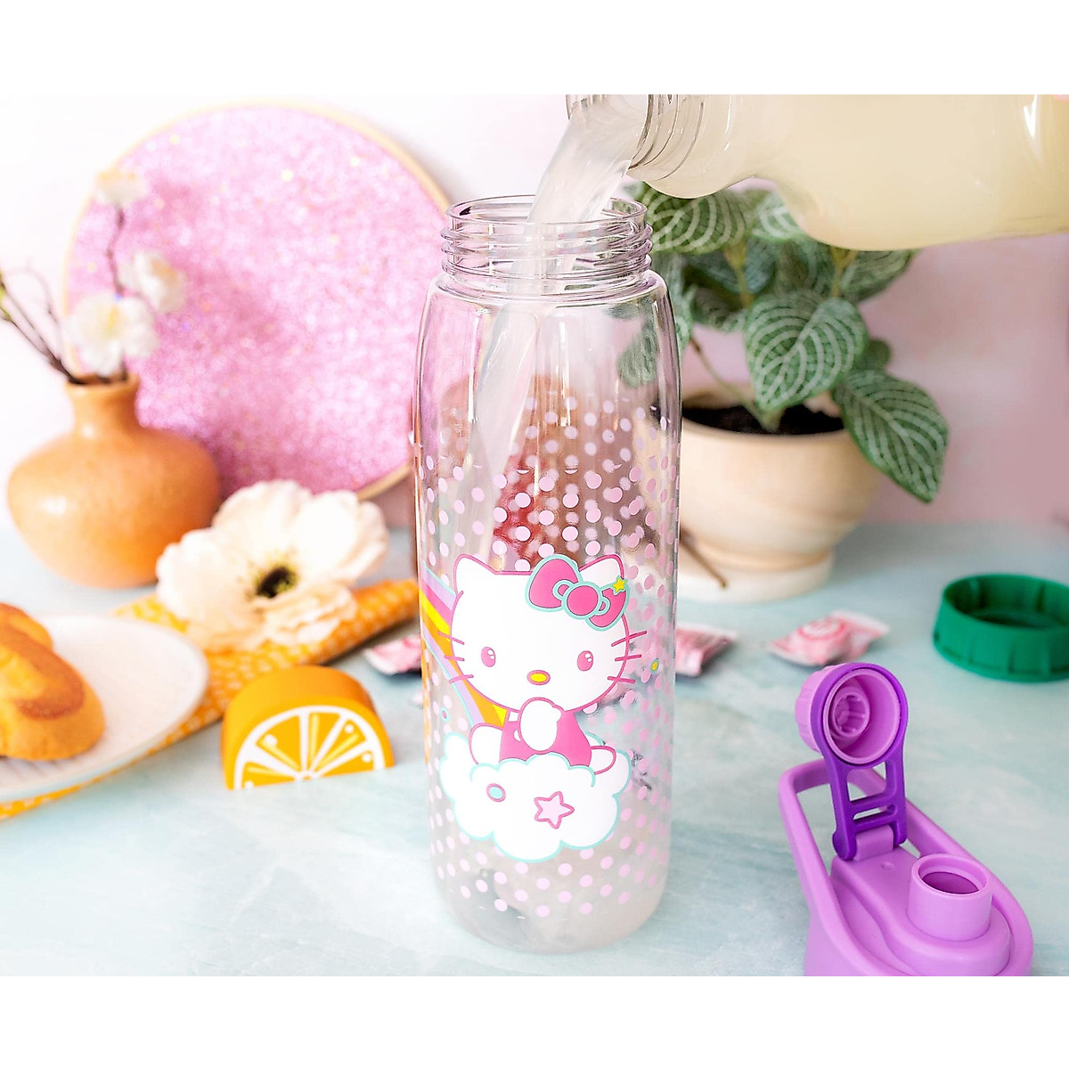 Silver Buffalo Sanrio Hello Kitty and Joey Mouse Rainbow Plastic Water Bottle With Screw-Top Lid | BPA-Free Plastic Sports Jug With Leakproof Lid | Holds 28 Ounces