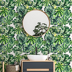 CHIHUT Green Leaf Peel and Stick Wallpaper 17.7''x236'' Green Tropical Botanical Palm Leaf Wallpaper Mural Self Adhesive Removable Wall Paper Vinyl Leaves Contact Paper for Wall Cabinets Nursery Decor
