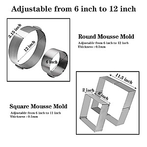 Gutsdoor Adjustable Cake Mold Ring 6-12 Inch Mousse Ring Stainless Steel Cake Mold Set 2-piece Baking Tool (Square+Round)
