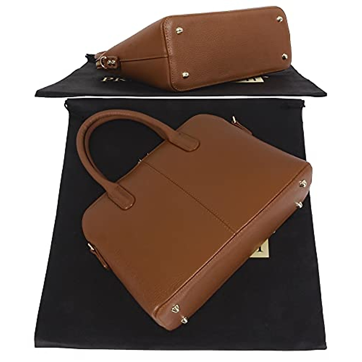 PRIMO SACCHI Italian Textured Dark Tan Leather Bowling Style Tote Grab Shoulder Bag Handbag Purse