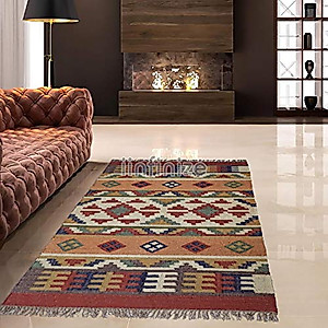 iinfinize Handwoven Wool Jute Rug Runner for Living Room Carpet Dhurrie Kilim Reversible Mat Floor Carpet Area Rug Runner 3x5 Feet