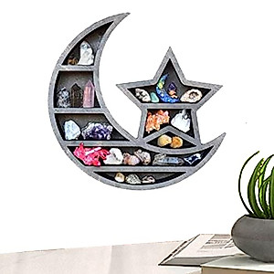Wooden Crystal Display Shelf, Star On The Moon Shape Crystal Holder for Crystals Stones, Essential Oils Small Plant and Art, Hanging Floating Shelves Gothic Witchy Decor Wall Décor for Home, Office