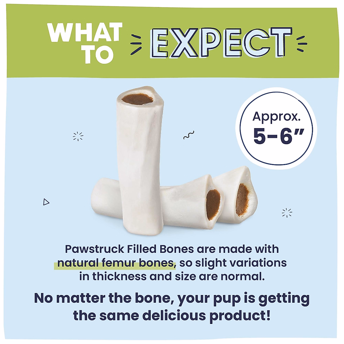 Pawstruck Large 5-6" Filled Dog Bones, Peanut Butter Flavor - Made in USA, Long Lasting Stuffed Femur for Aggressive Chewers, Dental Treat - Pack of 3, Packaging May Vary