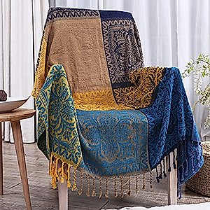 CUEERBOT Bohemian Tribal Throw Blanket，Soft Cozy Reversible Colorfu Jacquard Tassels Throw Blankets，Chenille Throw Covers for Bed Couch Soft Chair, Recliner (Blue, Small 60 inches x 75 inches)