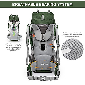 MOUNTAINTOP 70L Internal Frame Backpack Camping Backpacking Hiking Backpack for Men Women with Rain Cover,Dark Green