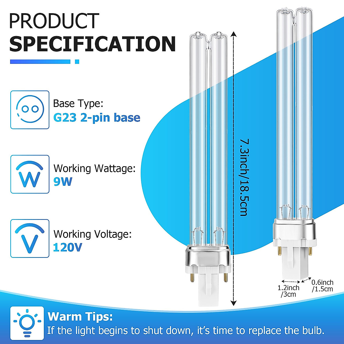 Qualirey 2 Pcs 9W UV Light Bulb Compatible with D200 Air Purifier, Air Purifier Whole House UV Light for R18, R18D R2000 Induct Air Purifier, UVC G23 2 Pin Base HVAC UV Light Bulb Replacement