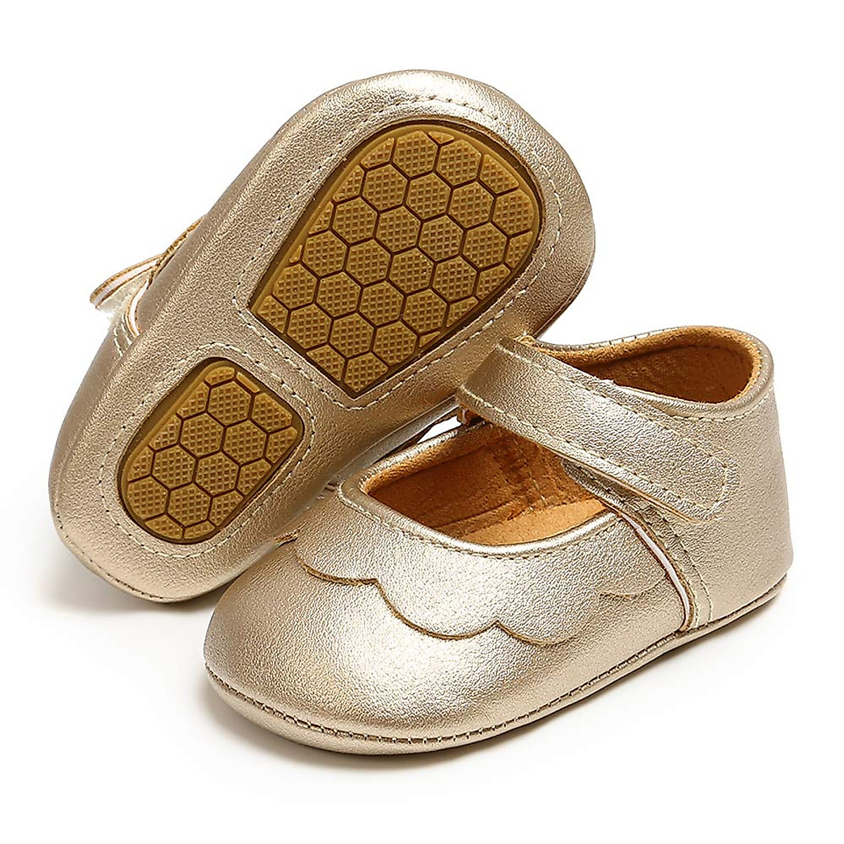 SOFMUO Baby Girls Mary Jane Flats Non-Slip Soft Rubber Sole Infant Sneakers Toddler Princess Dress Walking Shoes(Gold,12-18 Months)
