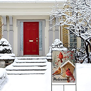 Artofy Welcome Winter Cardinals Red Birds Home Decorative House Flag, Birdhouse Berries Tree Garden Yard Outside Decor, Christmas Snow Farmhouse Outdoor Large Seasonal Decoration Double Sided 28x40