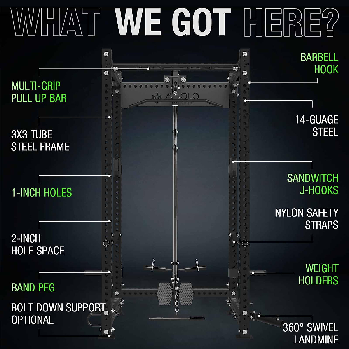 Mikolo 3" x 3" Power Cage, 2000lbs Power Rack, Multi-Functional Squat Rack with J-Hook, Band Peg, Commercial Squat Cage for Home Gym with Attachment Set, 3x3 Commercial Squat Rack (Black)