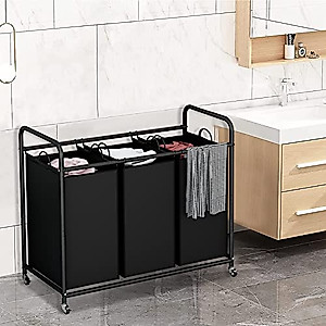 SUOERNUO Laundry Sorter Basket 3 Bag Laundry Hamper Cart with Rolling Lockable Wheels and Removable Bags Organizer Cart for Clothes Storage, Black