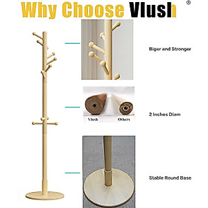 Vlush Freestanding Wooden Coat Rack Stand, Wood Hall Tree Coat Tree Hanger with 11 Round Hooks, Solid Round Base, 3 Adjustable Height for Hat, Clothes, Handbags,Umbrella, Natural