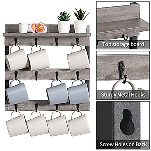 Honiter Coffee Mug Rack Wall Mounted, Rustic Wood Coffee Cup Holder Organizer with 12 Hooks and Storage Shelf , Wall Mug Rack for Display, Collection, Home Kitchen (Gray)