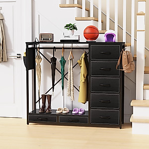 SZLHANJZ Dresser for Bedroom with Hanging Rack, 7 Drawer Clothes Dressers with Charging Station and Lights, Storage Chest of Drawers with Hooks and Side Pockets, Modern Black