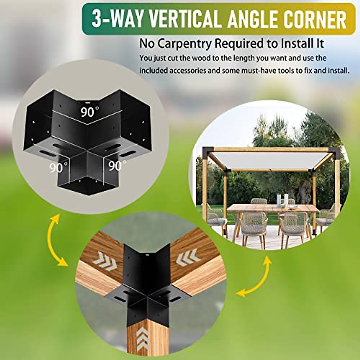 4x4 Pergola Brackets 3-Way 90° Right Angle Corner Extension Bracket Woodworks DIY Pergola kit with Black Powder Coated,Modular Sizing Pergola/Gazebo Hardware for 4x4 inches Lumber(4PCS)……