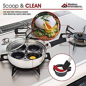 Modern Innovations Egg Poacher Pan for Perfect Poached Eggs, Nonstick Cups Poached Egg Maker Pan, Stainless Steel Easy Egg Cooker, Poaching Eggs Benedict Maker, Silicone Spatula