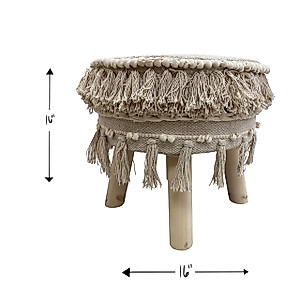 LR Home Ivory Textured and Fringed Bohemian Stool