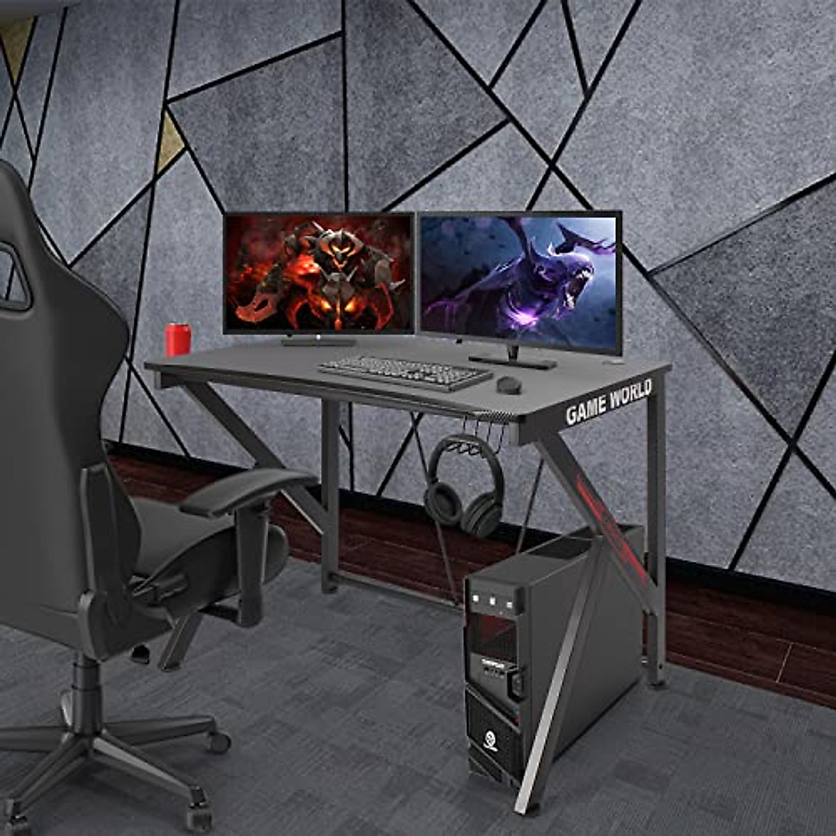 LYNSLIM Ergonomic Gaming Desk – 42” K Shaped Computer Table for Home Office Gamer Workstation with 2 Headphone Hooks and Cable Management (Black)