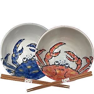 Needzo Authentic Japanese Rice Bowl Set with Chopsticks, Ceramic Bowls with Pastel Red and Blue Kani Crab Design, Made in Japan, Set of 4, 5.25 Inches