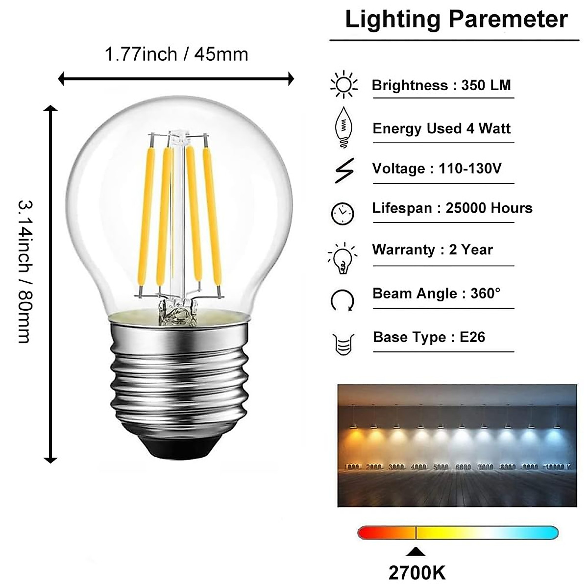 LED Vintage Edison Bulb G45-4W LED Light Filament Bulb, Globe Shape E26 Base, Clear Warm White 2700K, LED Edison Bulb 40W Equivalent, 110-120VAC, Dimmable (4 Watts)