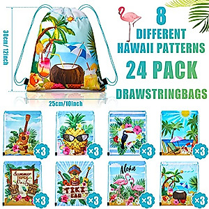 24 Pcs Hawaiian Party Favor Bags Hawaii Themed Aloha Drawstring Bags Tropical Goodie Bags Flamingo Gift Bag for Birthday, Bridal Shower, Events, Summer, Beach, Pool Backpack, 12 x 10 Inch
