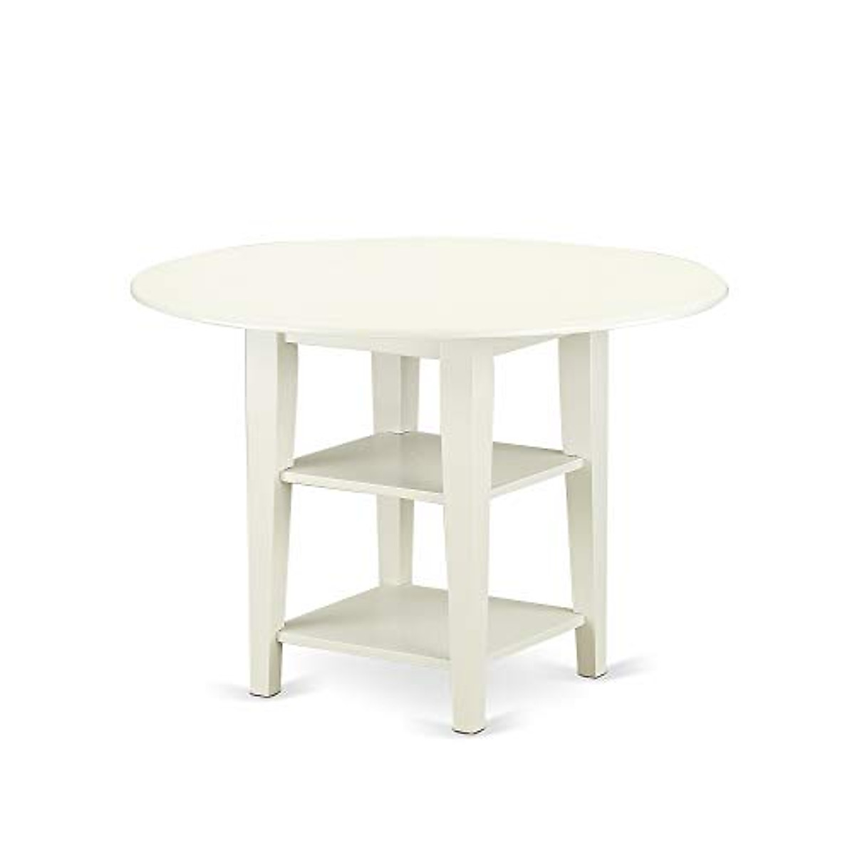 East West Furniture SUVA3-LWH-W 3 Piece Dining Table Set for Small Spaces Contains a Round Dining Room Table with Dropleaf & Shelves and 2 Wood Seat Chairs, 42x42 Inch, Linen White