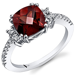 PEORA Garnet Ring for Women in 14K White Gold with White Topaz, Genuine Gemstone Birthstone, Designer 2.50 Carats Cushion Cut 8mm, Size 6
