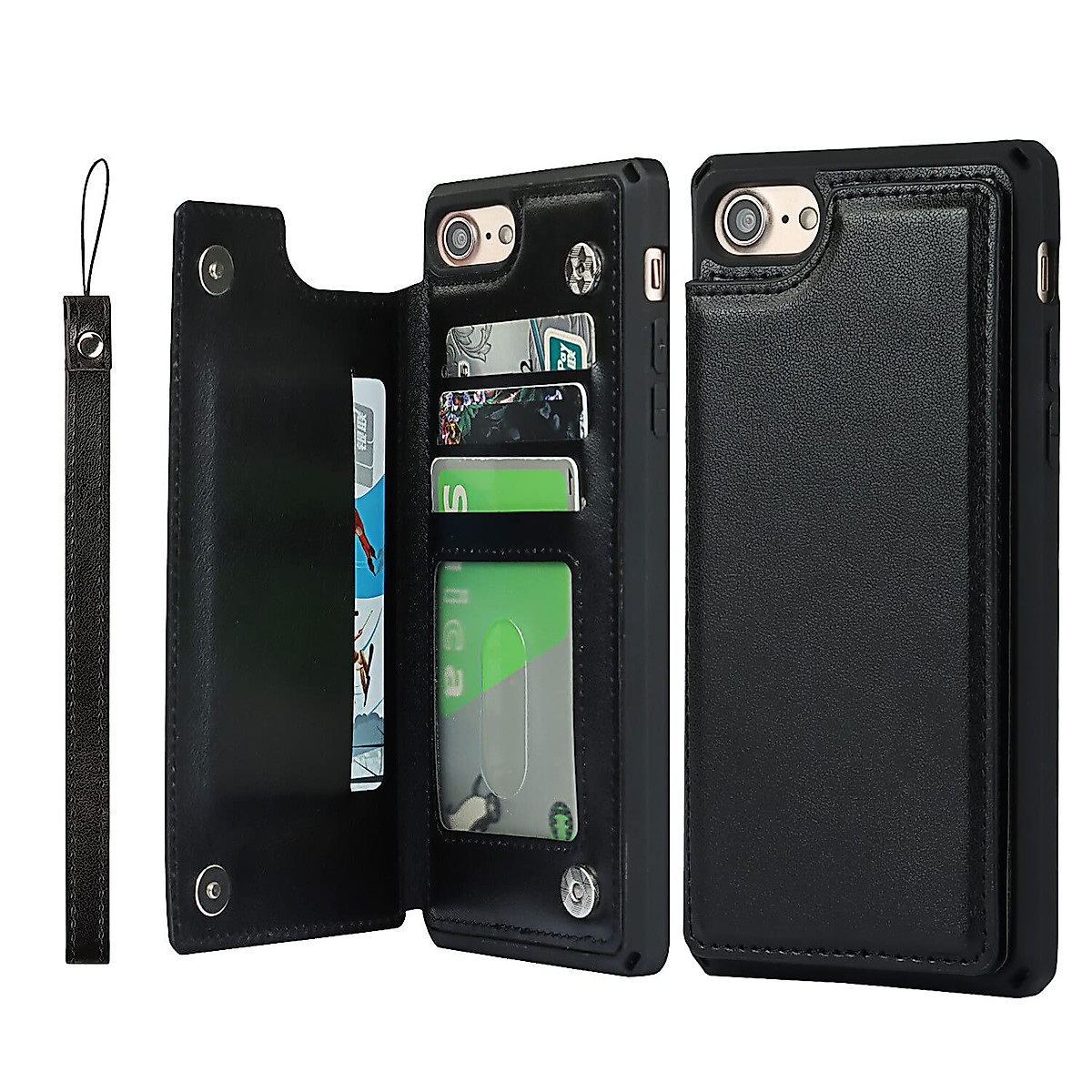 Cavor for iPhone 8 iPhone SE Case Wallet with Card Holder,Wallet Case with Card Holders for iPhone 7 Phone Case,[with Strap] PU Leather Shockproof Cover for iPhone 7/SE2022/SE2020- Macaron Black