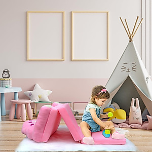PLYFOU Kids Fold Out Couch, Couch for Toddlers 1-3, 2-in-1 Foldable Princess Chair for Toddlers, Mini Couch for Kids Reading and Napping, Idea for Girls, Pink