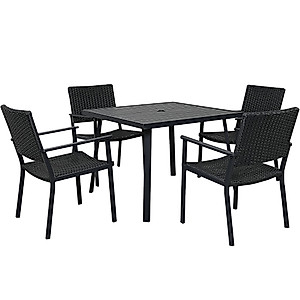 Quarte Patio 5-Piece Dining Table Furniture Set,Outdoor PE Wicker Conversation Set with Umbrella Hole and 4 Dining Chairs,for Porch Lawn Garden Backyard Poolside