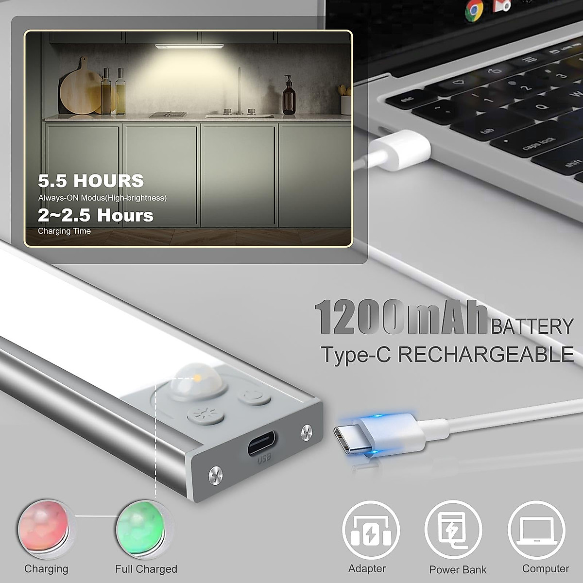 Led Under Cabinet Lights Motion Sensor 3 Colors and Dimmable 34-LEDs Kitchen Under Cabinet Lighting Wireless 1200mAh USB-C 8.46-inch Led Closet Light for Wardrobe, Stairs, Hallway[2 Pack]