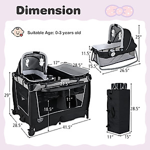 BABY JOY 5 in 1 Pack and Play, Portable Nursery Center Baby Playard w/Bassinet & Diaper Changing Table, Infant Bassinet Activity Center with Toys, Music, Oxford Bag for Toddlers (Space Grey, Classic)